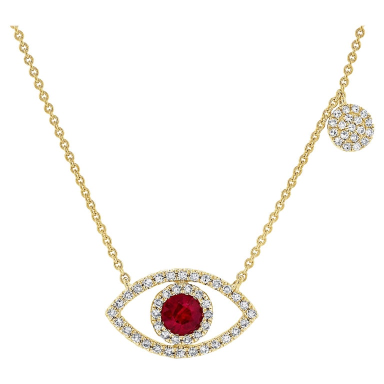 14 Karat Yellow Gold 0.18 Carat Diamond and Ruby Evil Eye Necklace For ...