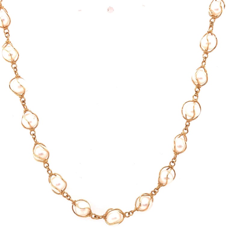 14 Karat Yellow Gold Pearl Beaded Necklace For Sale At 1stdibs