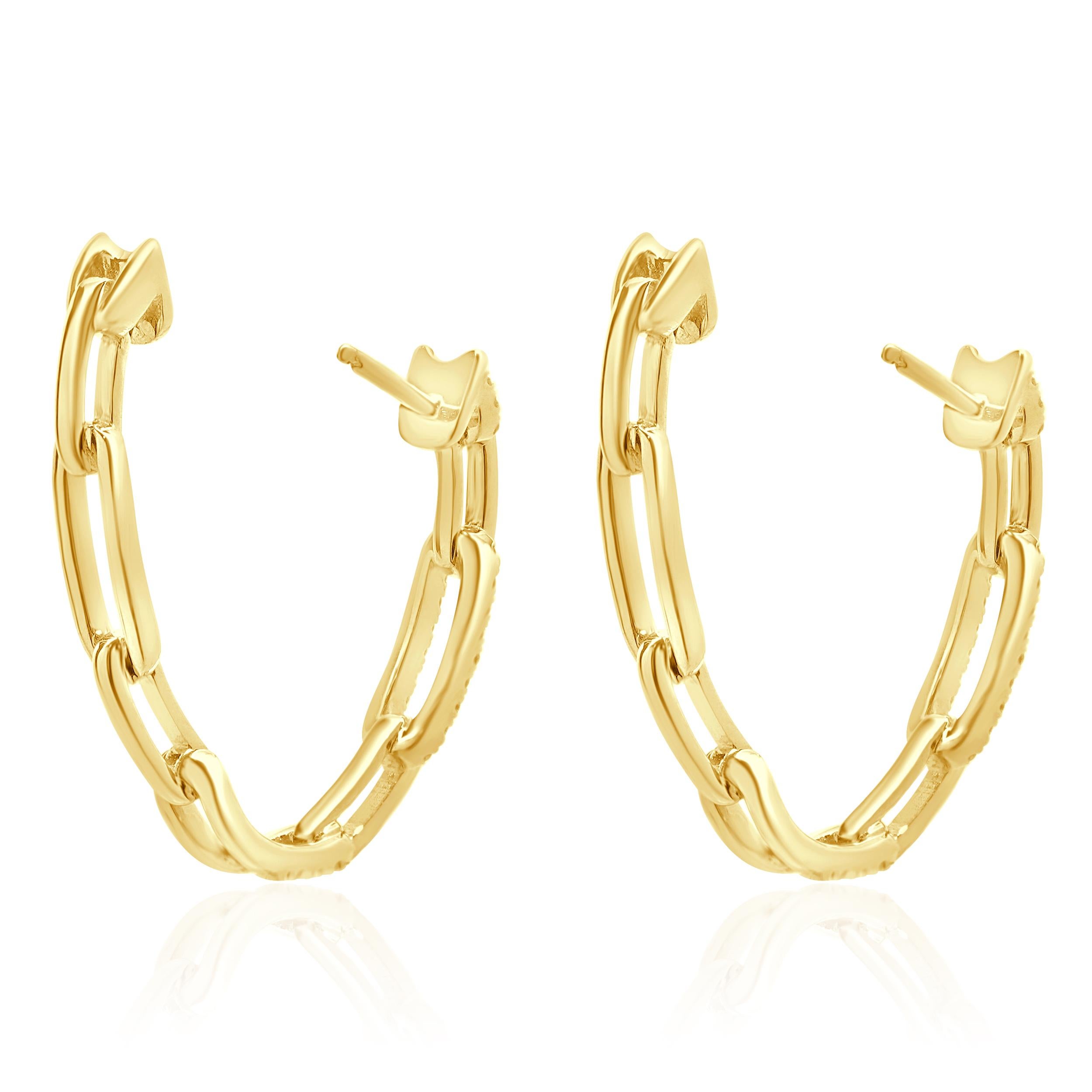 14 Karat Yellow Gold Alternating Diamond Paperclip Hoop Earrings For ...
