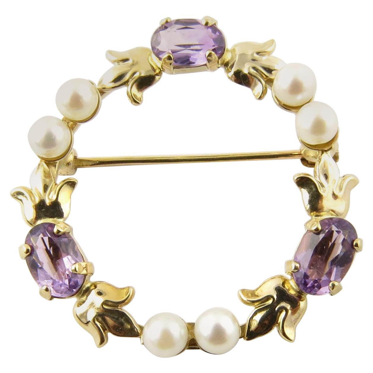Vintage Amethyst and Pearl Crown Pin 14 Karat Yellow Gold at 1stDibs