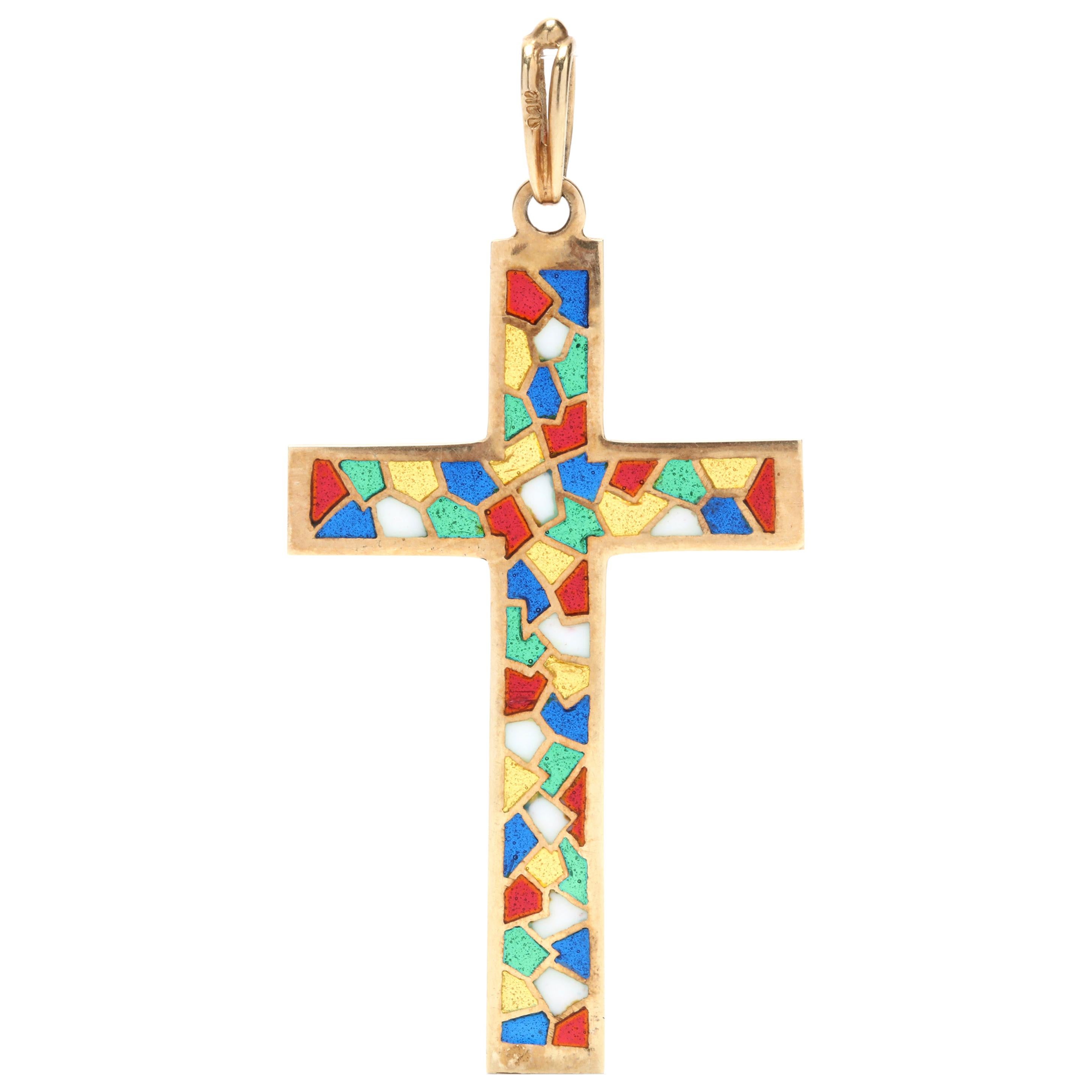 14 Karat Yellow Gold and Enamel Stained Glass Cross Pendant at 1stDibs