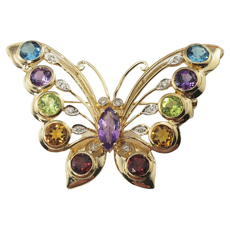 14 Karat Yellow Gold and Gemstone Butterfly Brooch / Pin For Sale at ...