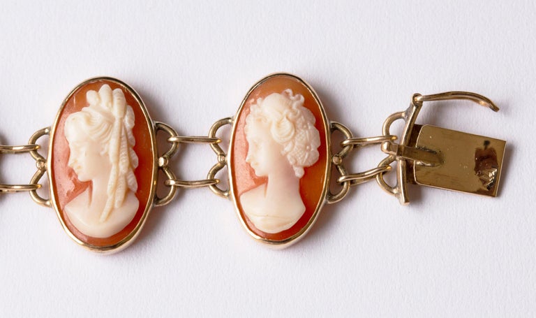 14 Karat Yellow Gold and Hand Carved Shell Cameo Link Bracelet For Sale ...