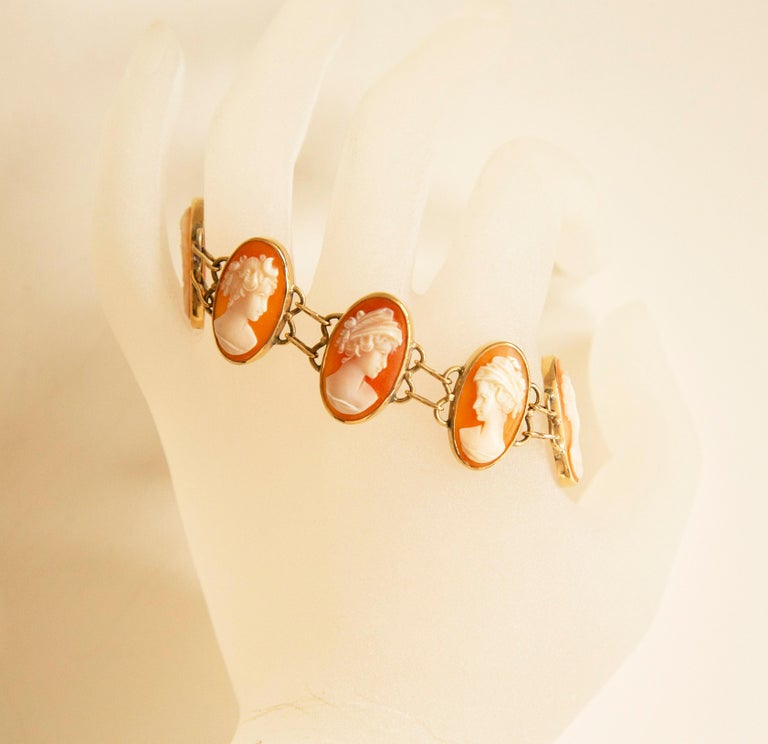 14 Karat Yellow Gold and Hand Carved Shell Cameo Link Bracelet For Sale ...