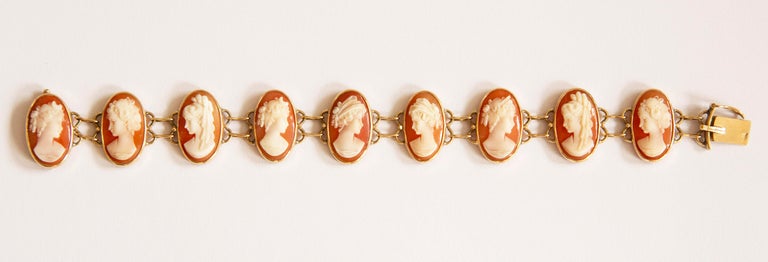 14 Karat Yellow Gold and Hand Carved Shell Cameo Link Bracelet For Sale ...