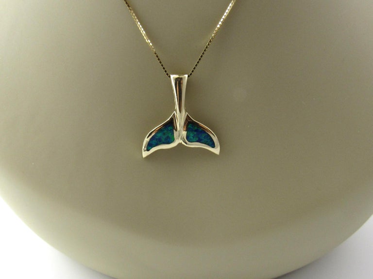 14 Karat Yellow Gold and Opal Whale Tail Pendant For Sale at 1stDibs