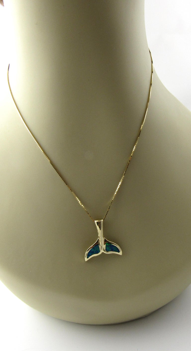 14 Karat Yellow Gold and Opal Whale Tail Pendant For Sale at 1stDibs