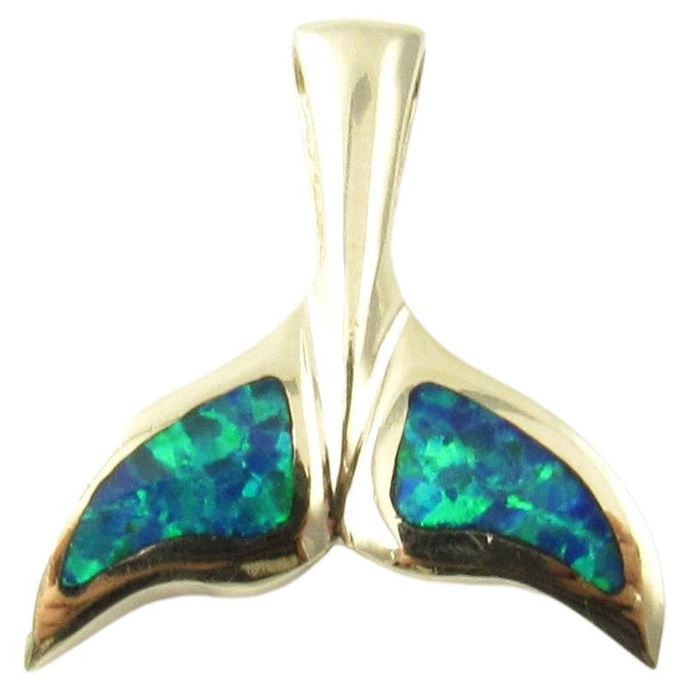 14 Karat Yellow Gold and Opal Whale Tail Pendant For Sale at 1stDibs