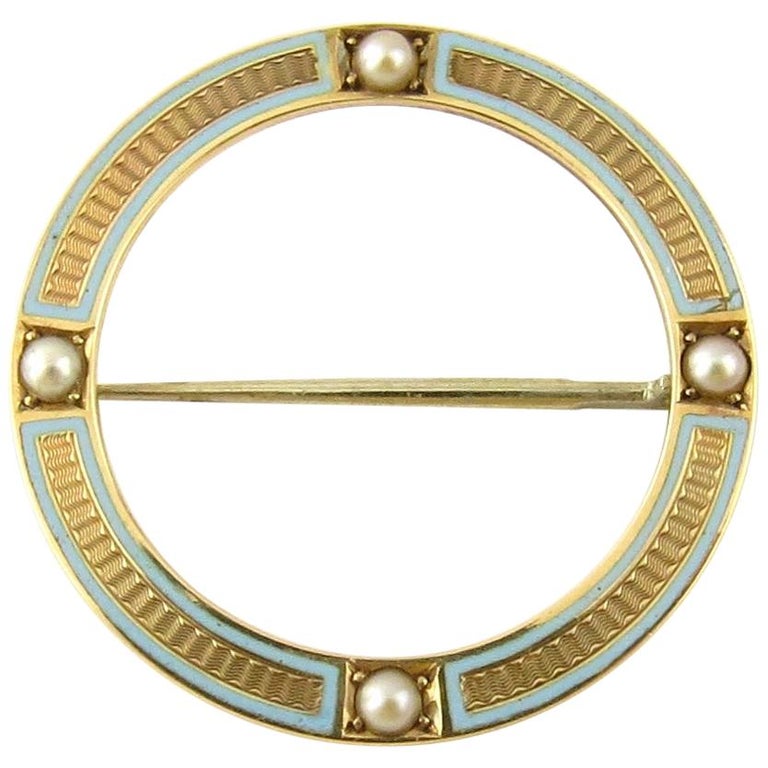 14 Karat Yellow Gold and Pearl Circle Pin at 1stDibs