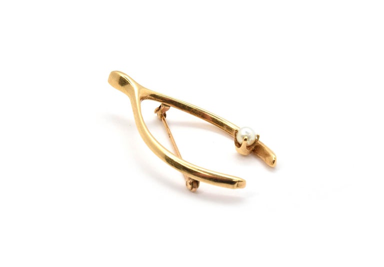 14 Karat Yellow Gold and Pearl Wishbone Brooch Pin 5.56 Grams at 1stDibs