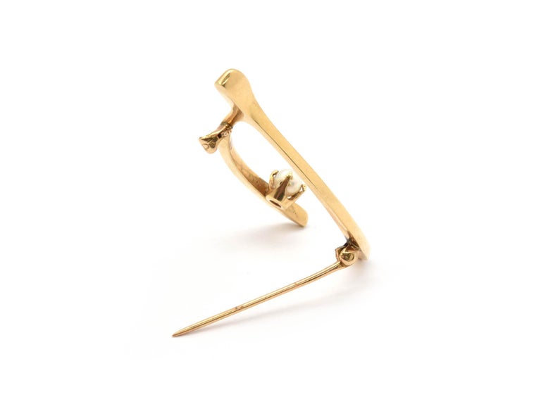 14 Karat Yellow Gold and Pearl Wishbone Brooch Pin 5.56 Grams at 1stDibs