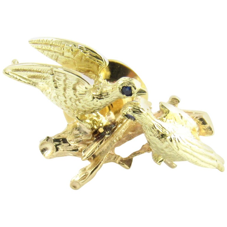 14 Karat Yellow Gold and Sapphire Morning Doves Brooch/Pin For Sale at ...
