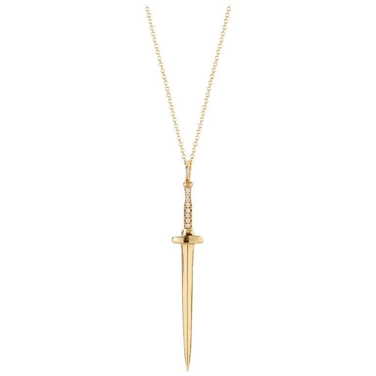 14 Karat Yellow Gold and White Diamond Large Dagger Pendant on Rolo ...
