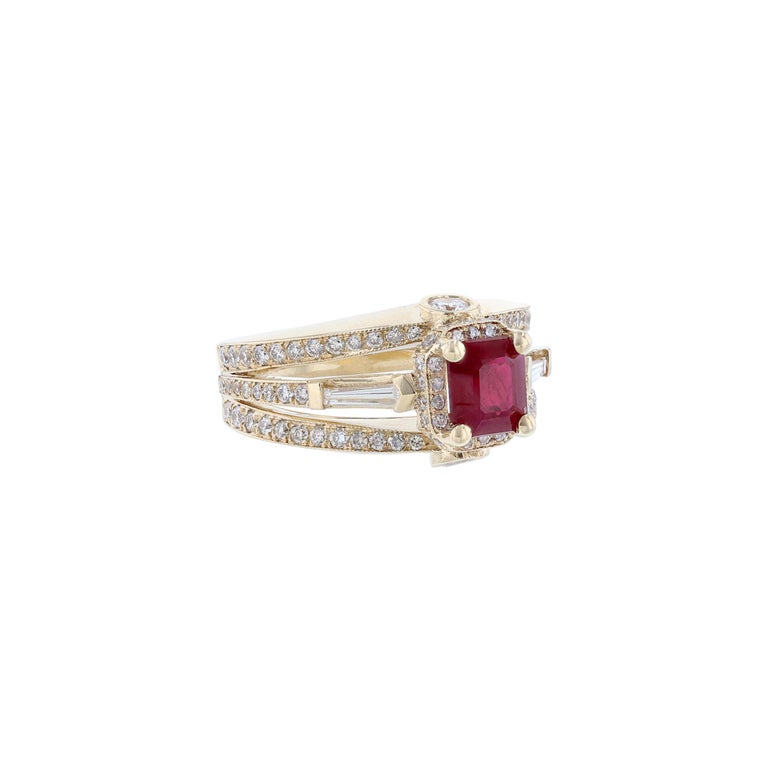 14 Karat Yellow Gold Asscher Cut Ruby Diamond Ring For Sale at 1stDibs