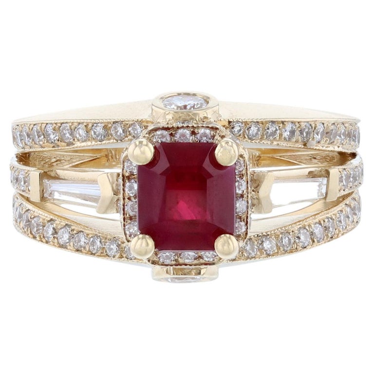14 Karat Yellow Gold Asscher Cut Ruby Diamond Ring For Sale at 1stDibs