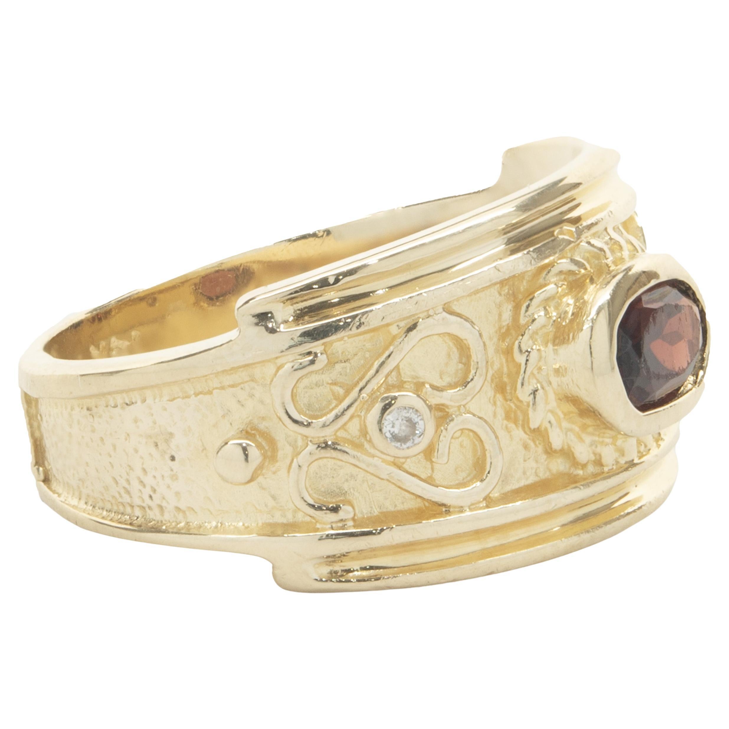 14 Karat Yellow Gold Bezel Set Garnet and Diamond Scroll Ring For Sale ...