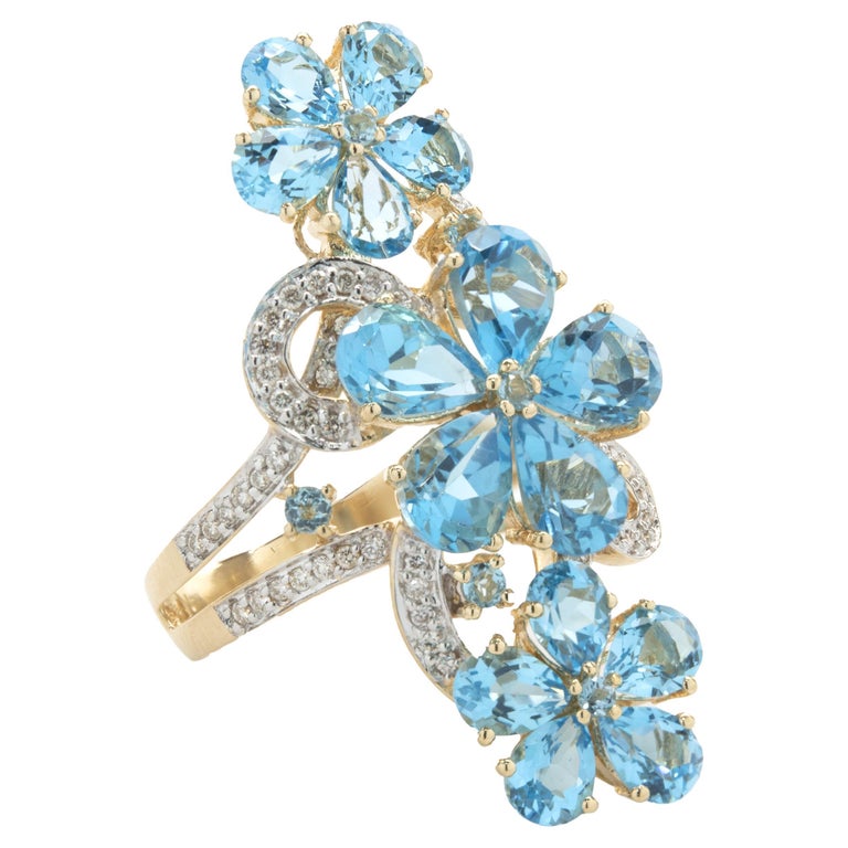 14 Karat Yellow Gold Blue Topaz and Diamond Flower Long Finger Ring For ...