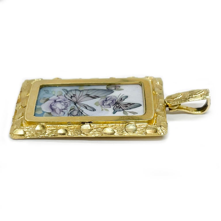 14 Karat Yellow Gold Butterflies Masterpiece Hand Painted MOP Pendant ...