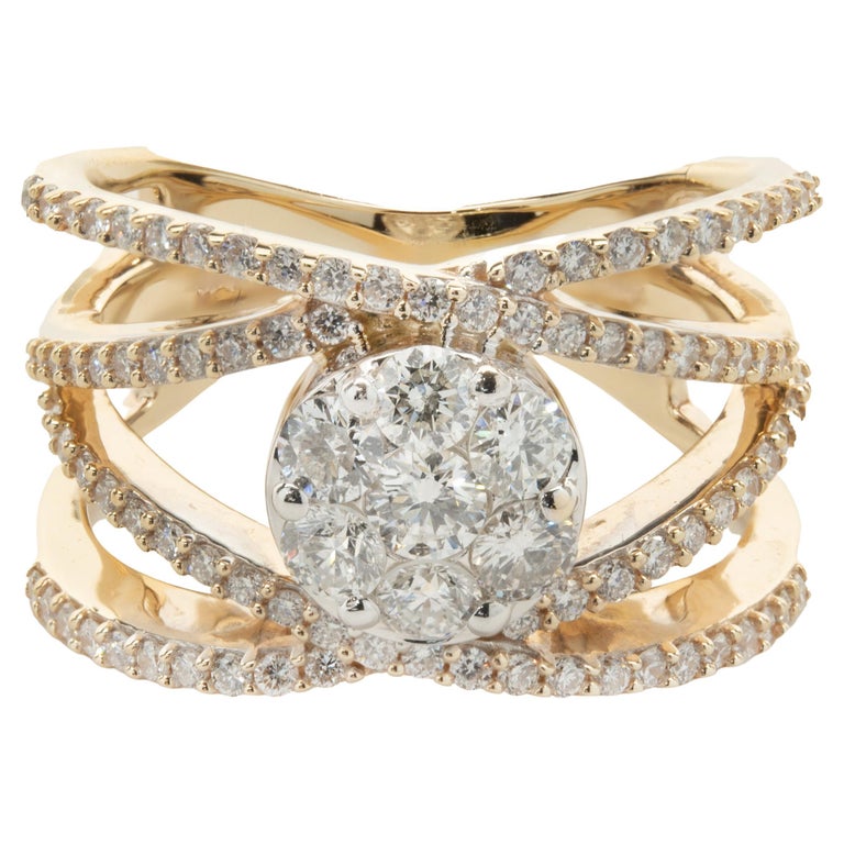 14 Karat Yellow Gold Bypass ring with Pave Diamond Circle Center For ...