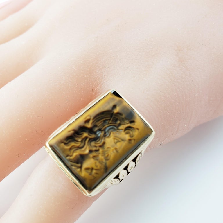 14 Karat Yellow Gold Carved Tiger's Eye Ring For Sale at 1stDibs