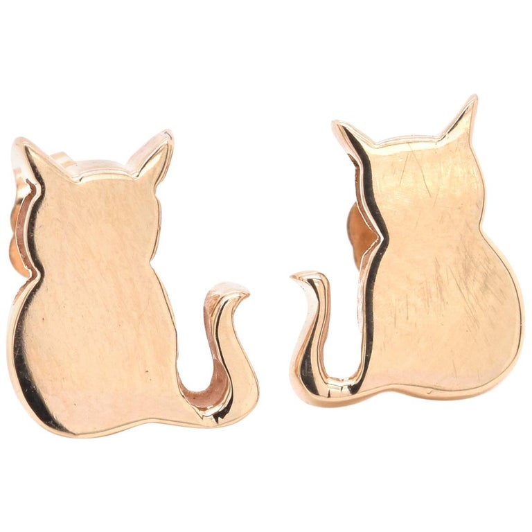 14 Karat Yellow Gold Cat Stud Earrings at 1stDibs