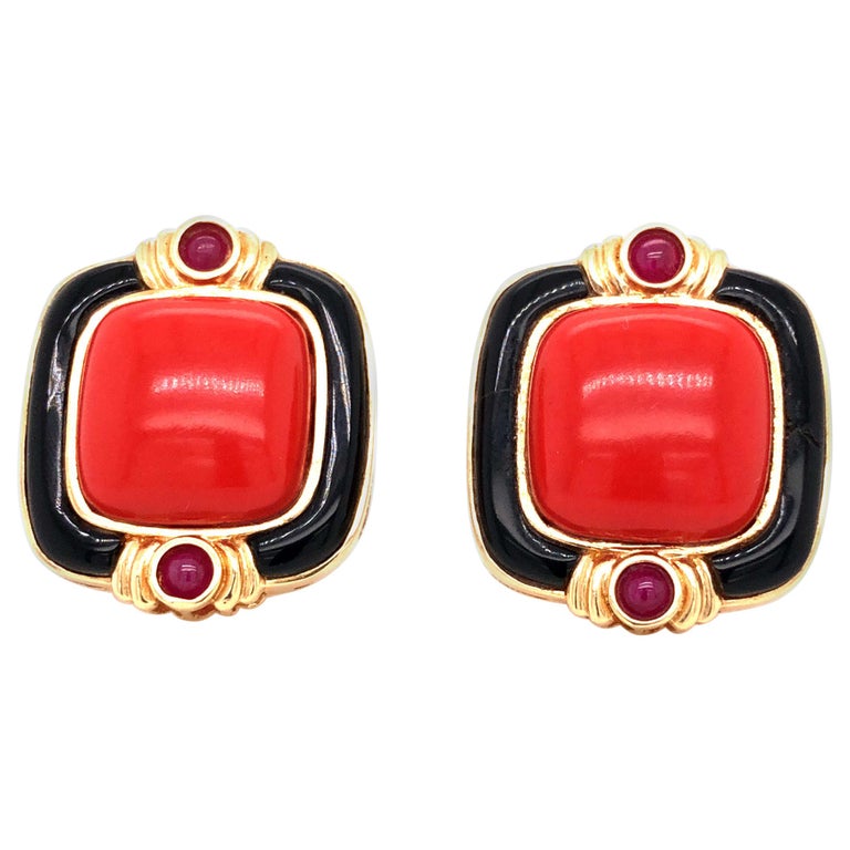 14 Karat Yellow Gold Coral Ruby Earrings For Sale at 1stDibs