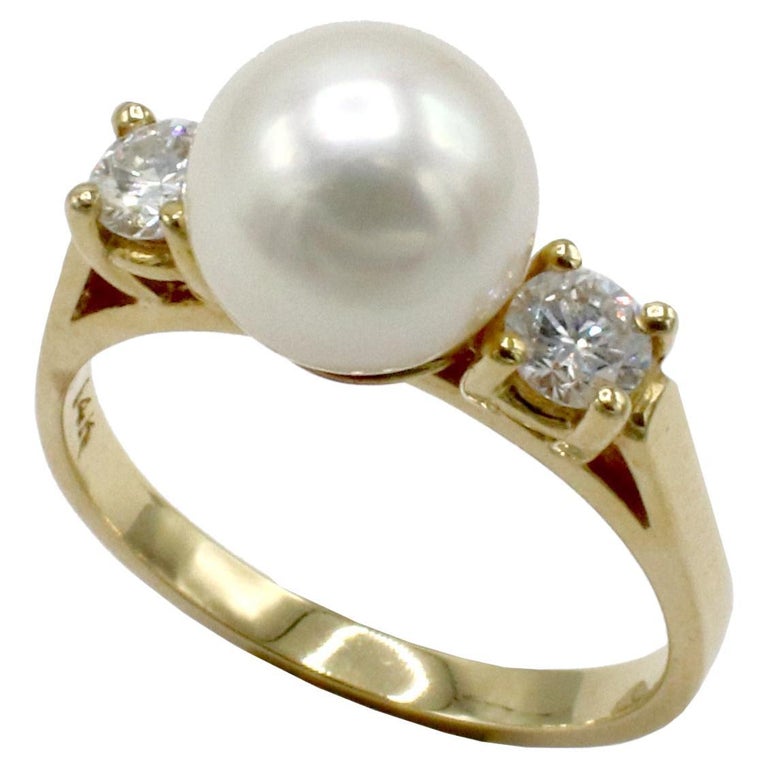 14 Karat Yellow Gold Cultured Pearl and Diamond Cocktail Ring For Sale ...