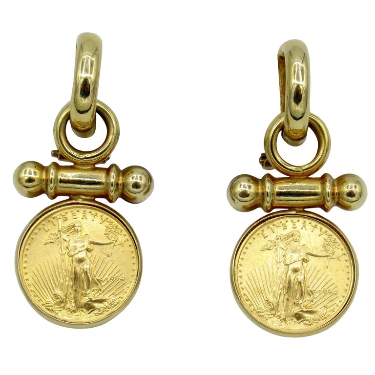 14 Karat Yellow Gold Dangle U.S.A Liberty Coin Earrings at 1stDibs