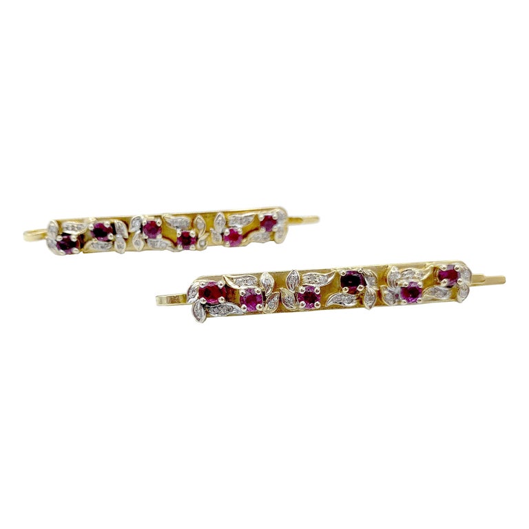 14 Karat Yellow Gold Diamond and Ruby Female Hair Pin Set at 1stDibs