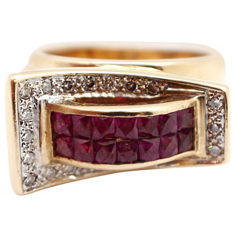 14 Karat Yellow Gold, Diamond and Ruby Modern Cocktail Ring 2.00 Carat ...