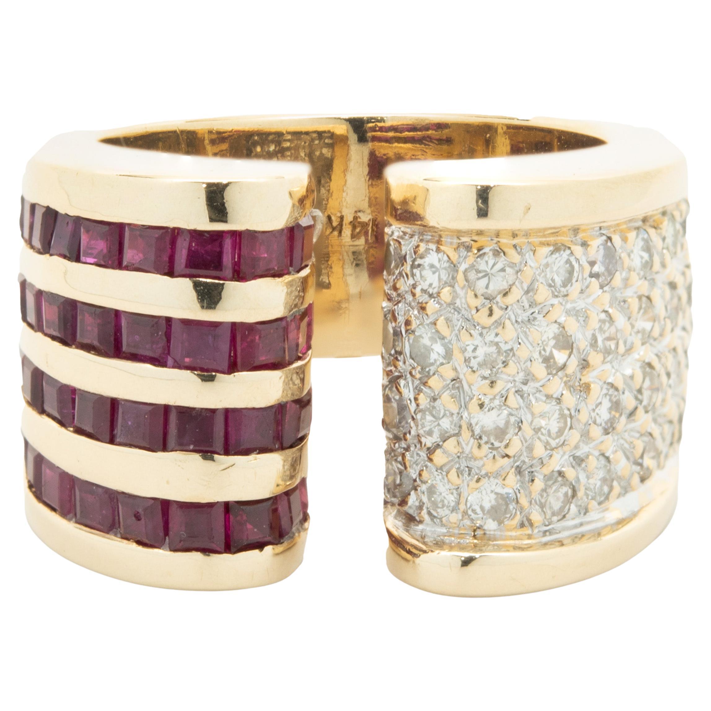 14 Karat Yellow Gold Diamond and Ruby Split Cigar Band For Sale at 1stDibs