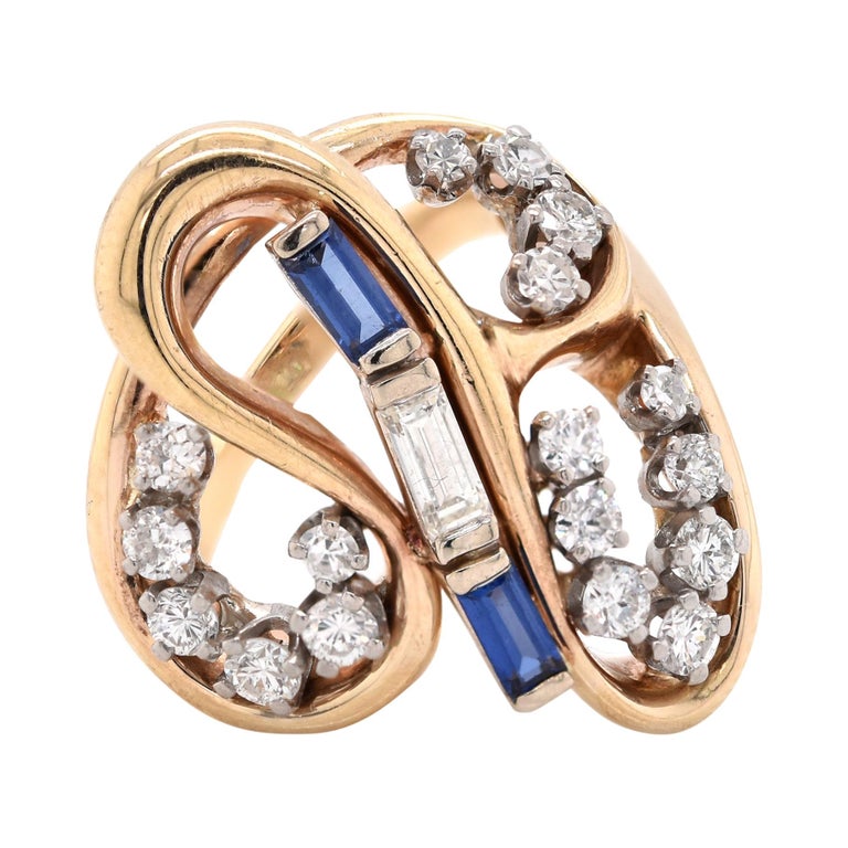 14 Karat Yellow Gold Diamond and Sapphire Free Form Ring For Sale at ...