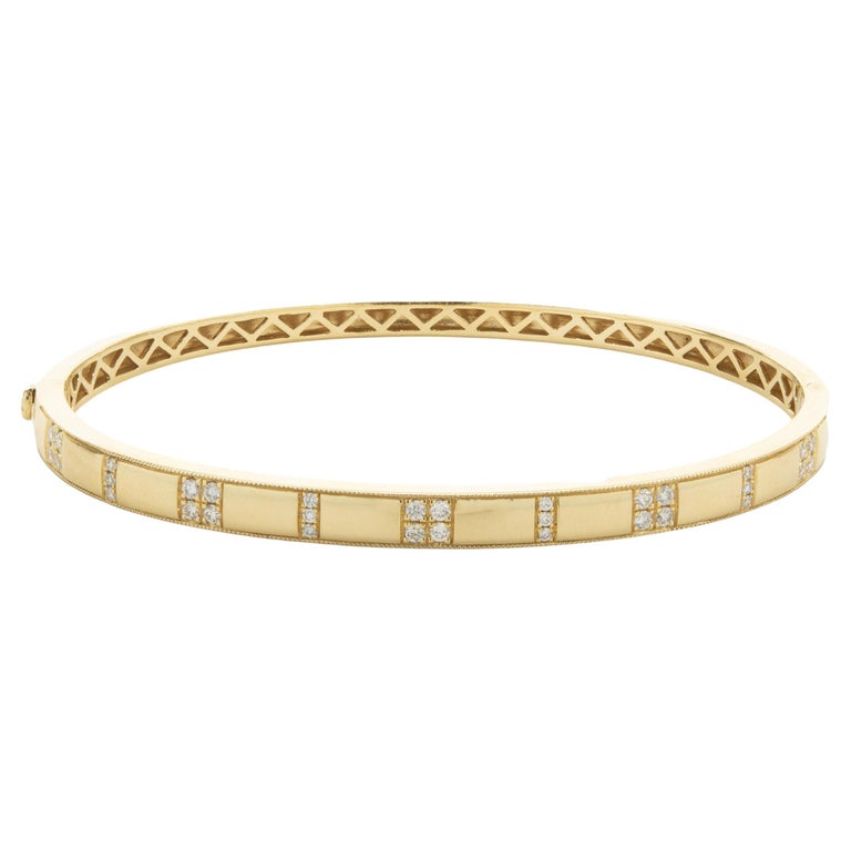 18 Karat Yellow Gold Diamond Block Bangle Bracelet For Sale at 1stDibs
