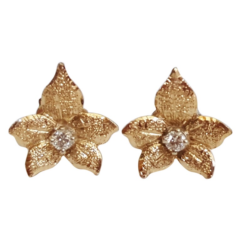 14 Karat Yellow Gold Diamond Earrings, Floral Leaf Design, Friction ...