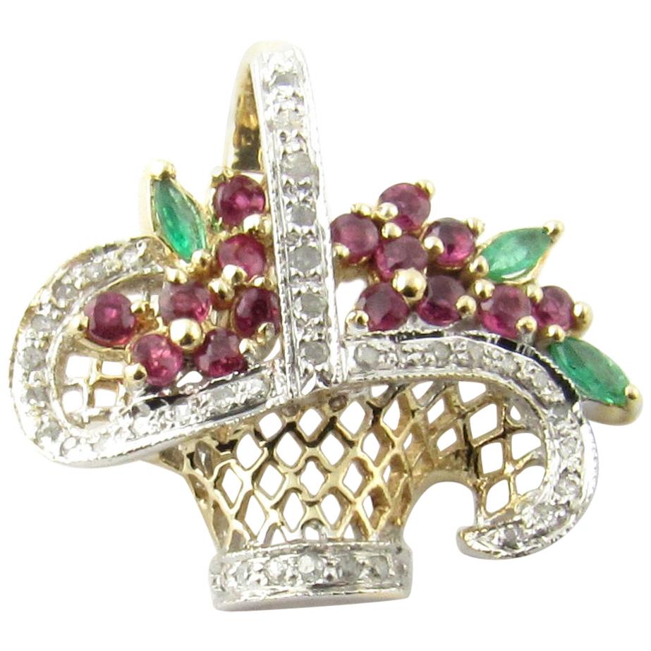 14 Karat Yellow Gold Diamond, Emerald and Ruby Pendant at 1stDibs