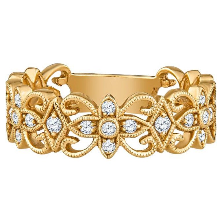 14 Karat Yellow Gold Diamond Floral Motif Band For Sale at 1stDibs