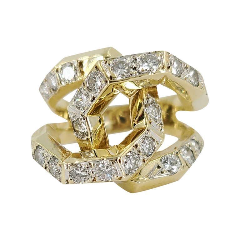 Large Yellow Gold Diamond Link Ring For Sale at 1stDibs