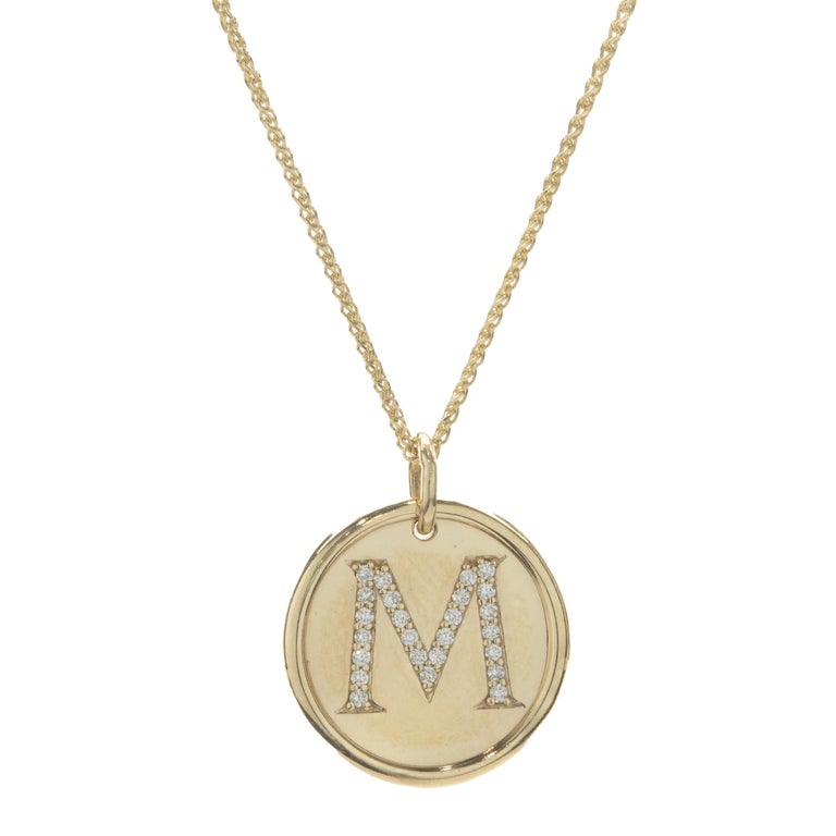 14 Karat Yellow Gold Diamond M Necklace For Sale at 1stDibs