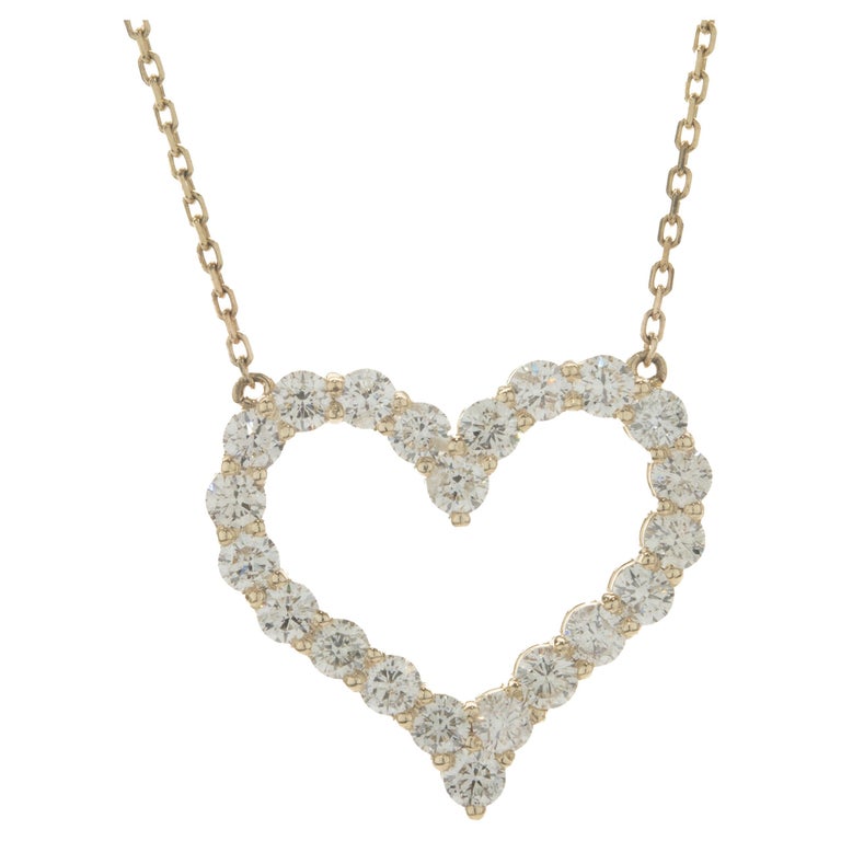14 Karat Yellow Gold Diamond Open Heart Necklace For Sale at 1stDibs