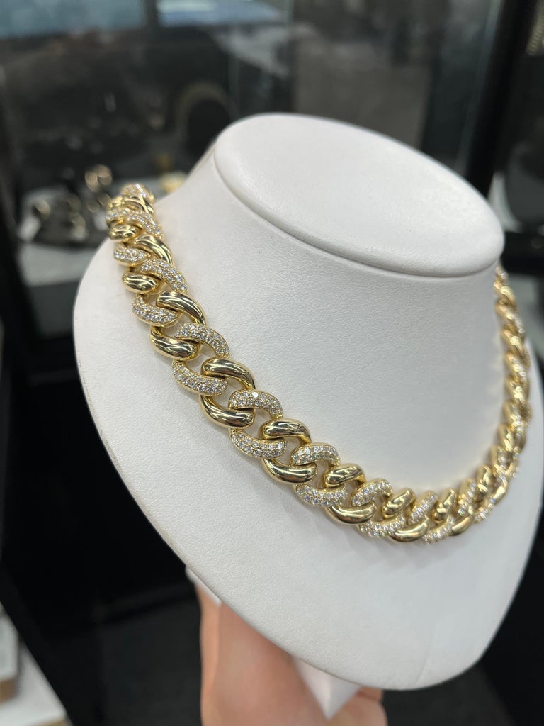 14 Karat Yellow Gold Diamond and Polished Cuban Link Necklace 11.9 ...