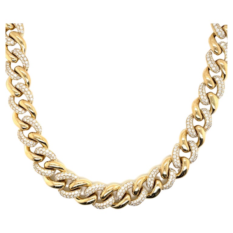 14 Karat Yellow Gold Diamond and Polished Cuban Link Necklace 11.9 ...