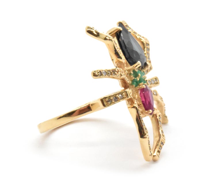 14 Karat Yellow Gold, Diamond, Sapphire, Ruby and Emerald Spider Ring ...