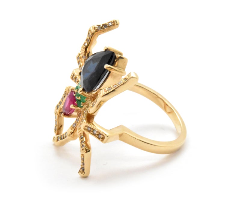 14 Karat Yellow Gold, Diamond, Sapphire, Ruby and Emerald Spider Ring ...