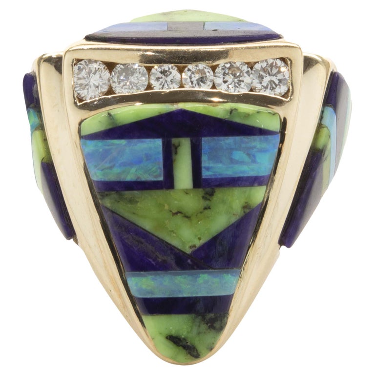 14 Karat Yellow Gold Diamond, Turquoise, and Opal Inlay Ring For Sale ...