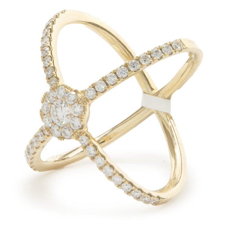 14 Karat Yellow Gold Diamond X Ring with Cluster Center For Sale at 1stDibs