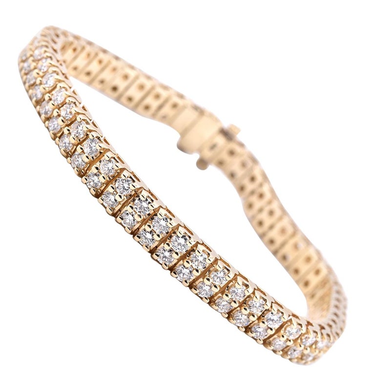 14 Karat Yellow Gold Double Row Round Diamond Tennis Bracelet At 1stdibs