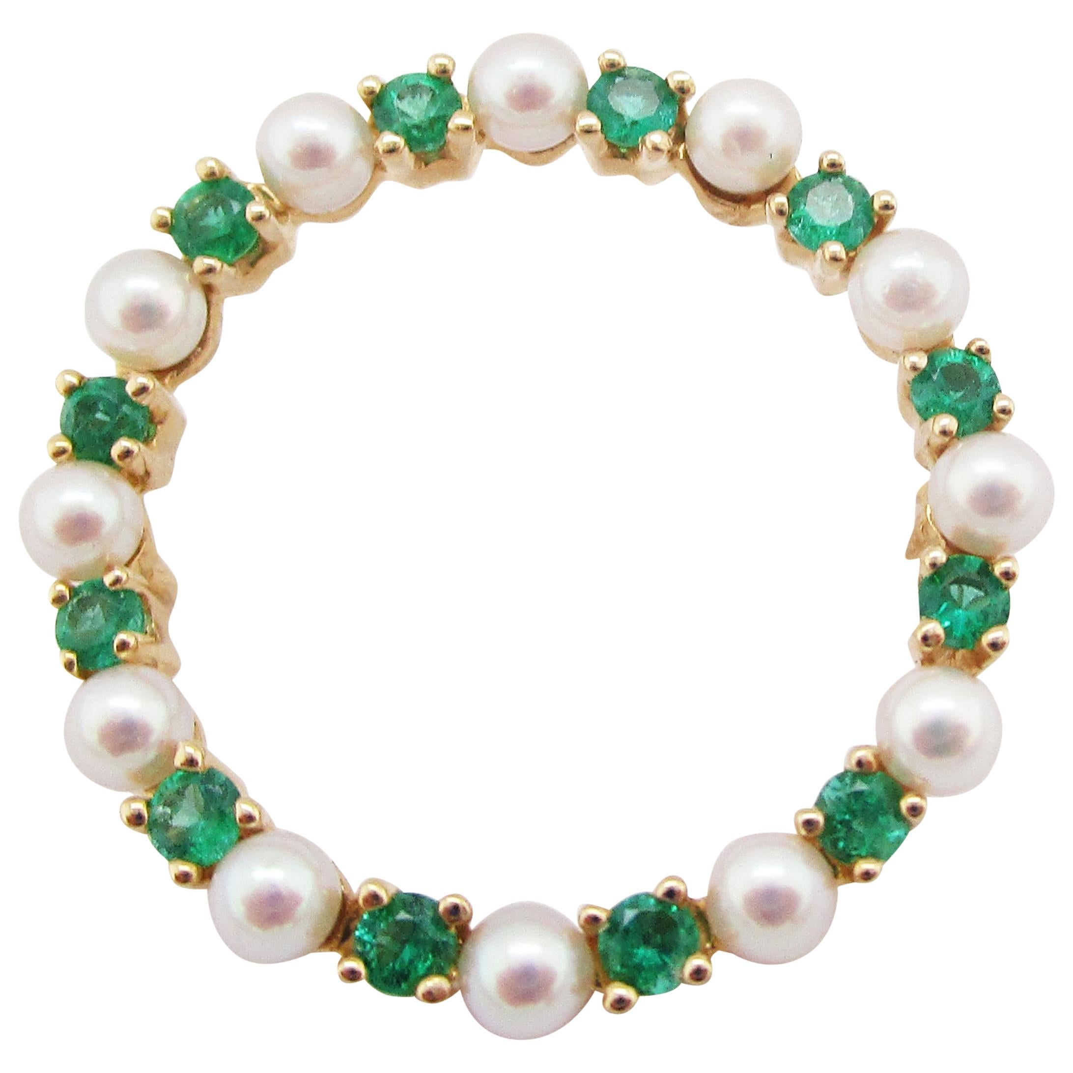 14 Karat Yellow Gold Emerald and Pearl Circle Pin For Sale at 1stDibs ...