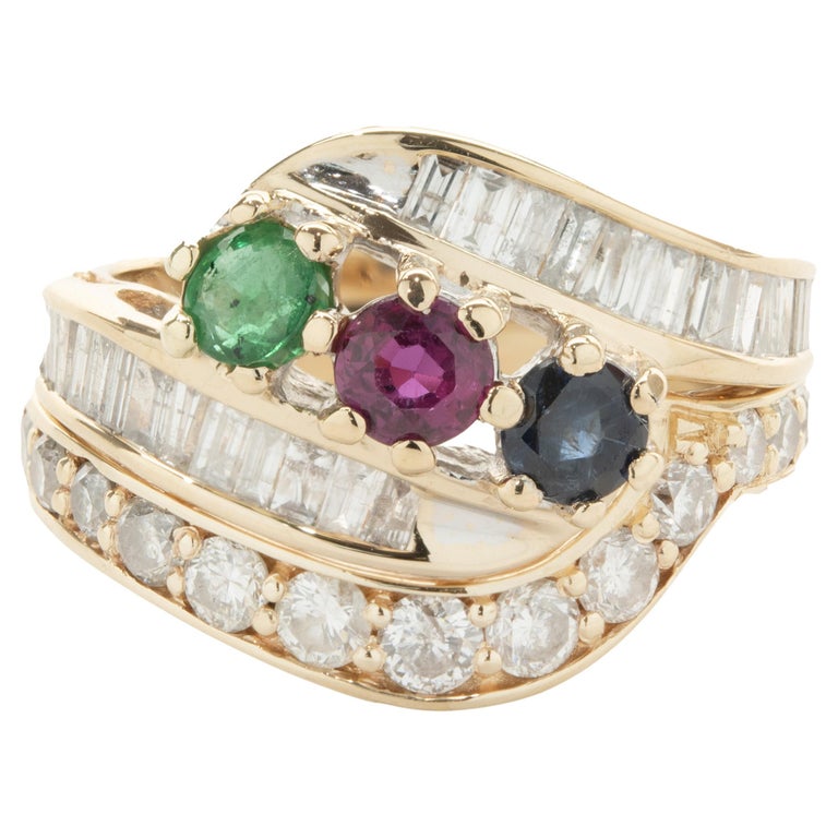 14 Karat Yellow Gold Emerald, Ruby, Sapphire, and Diamond Cocktail Ring ...