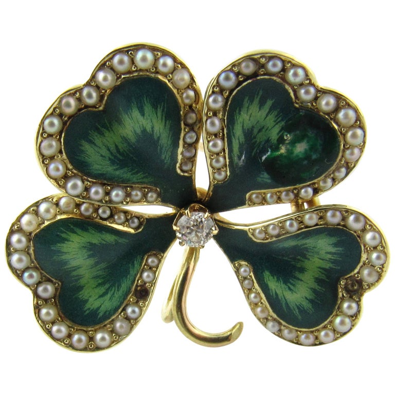14 Karat Yellow Gold Enamel and Seed Pearl Shamrock Pendant or Brooch ...