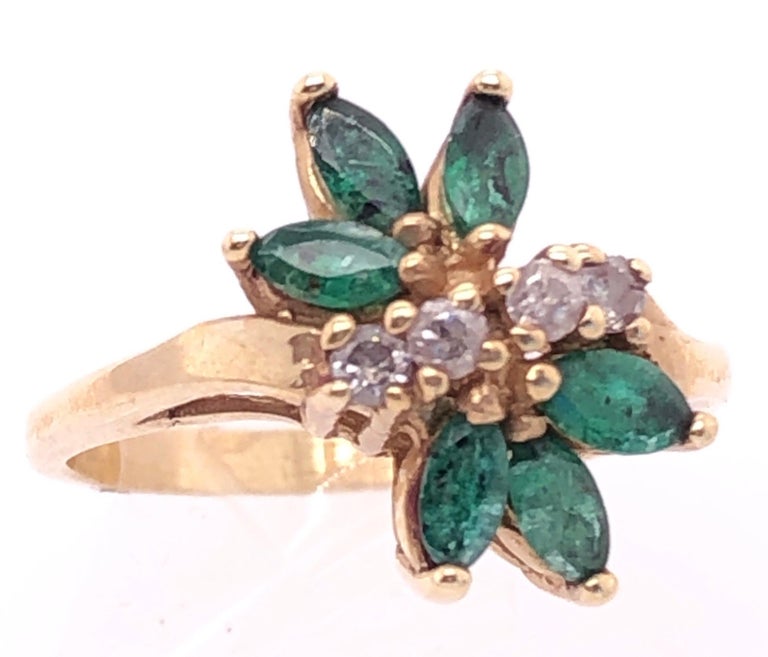 14 Karat Yellow Gold Freeform Emerald with Diamond Accents Ring For ...